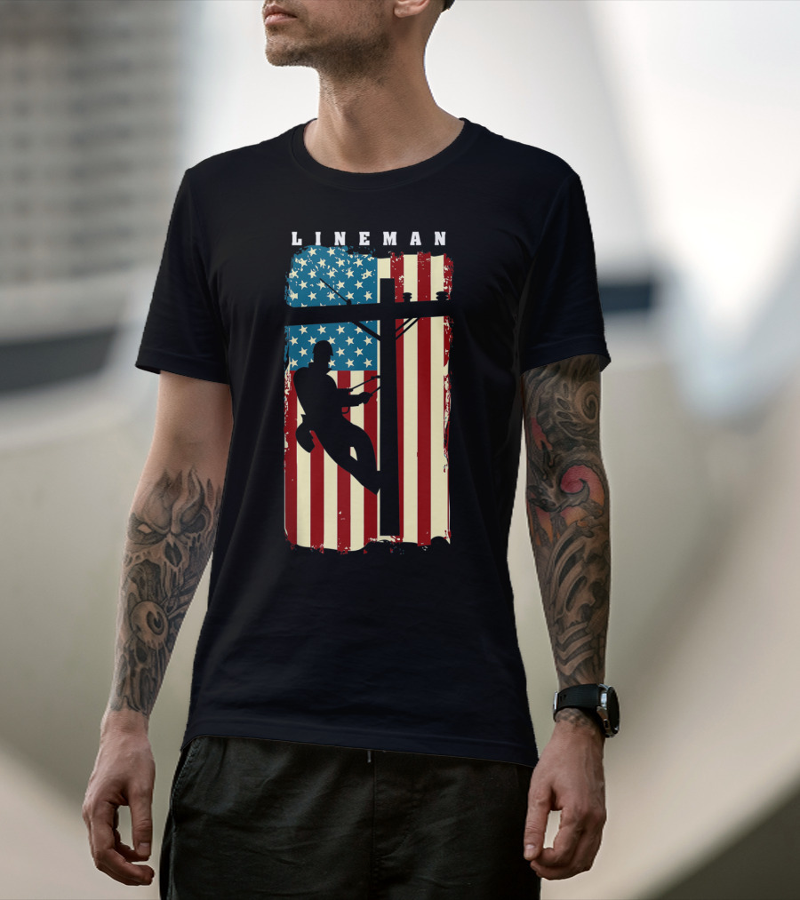 Lineman Silhouette Against American Flag Background With Electric Cable Pole T-Shirt