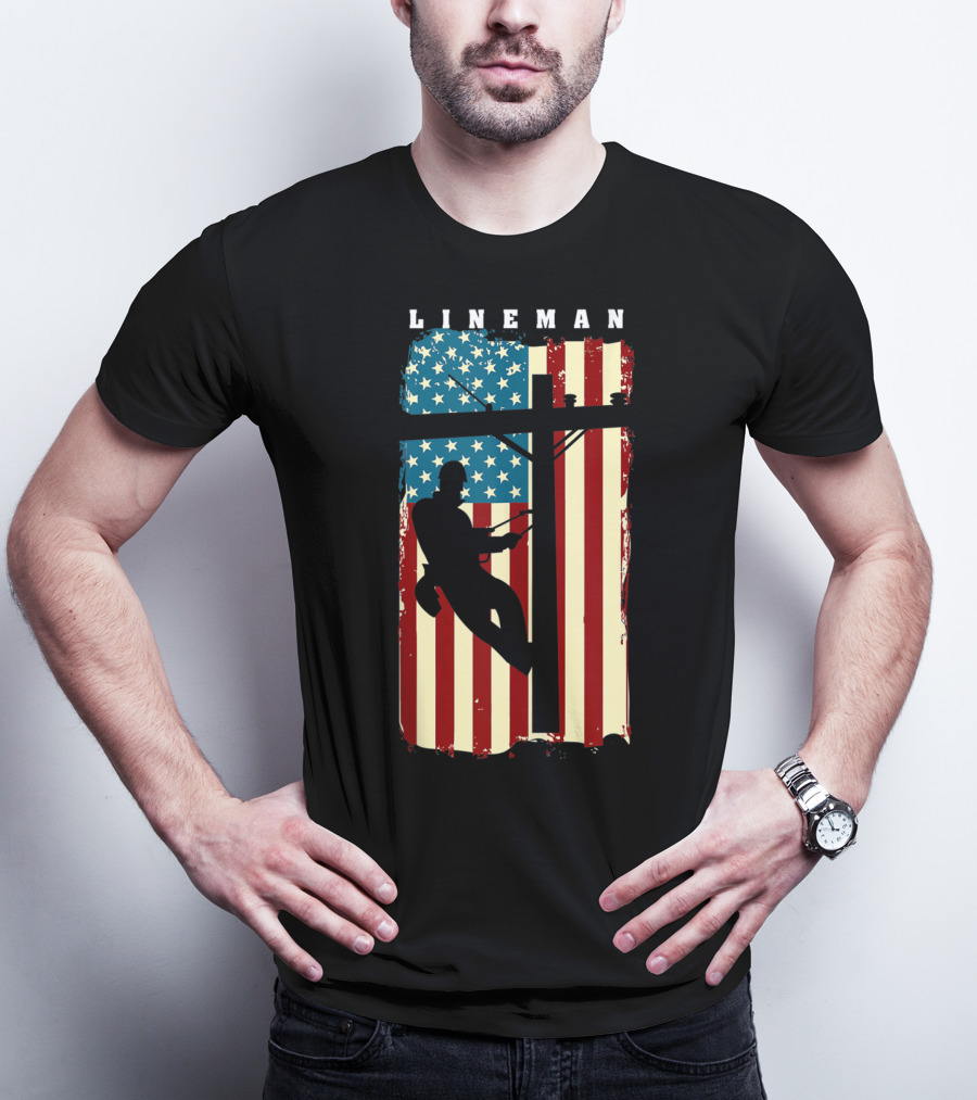 Lineman Silhouette Against American Flag Background With Electric Cable Pole T-Shirt