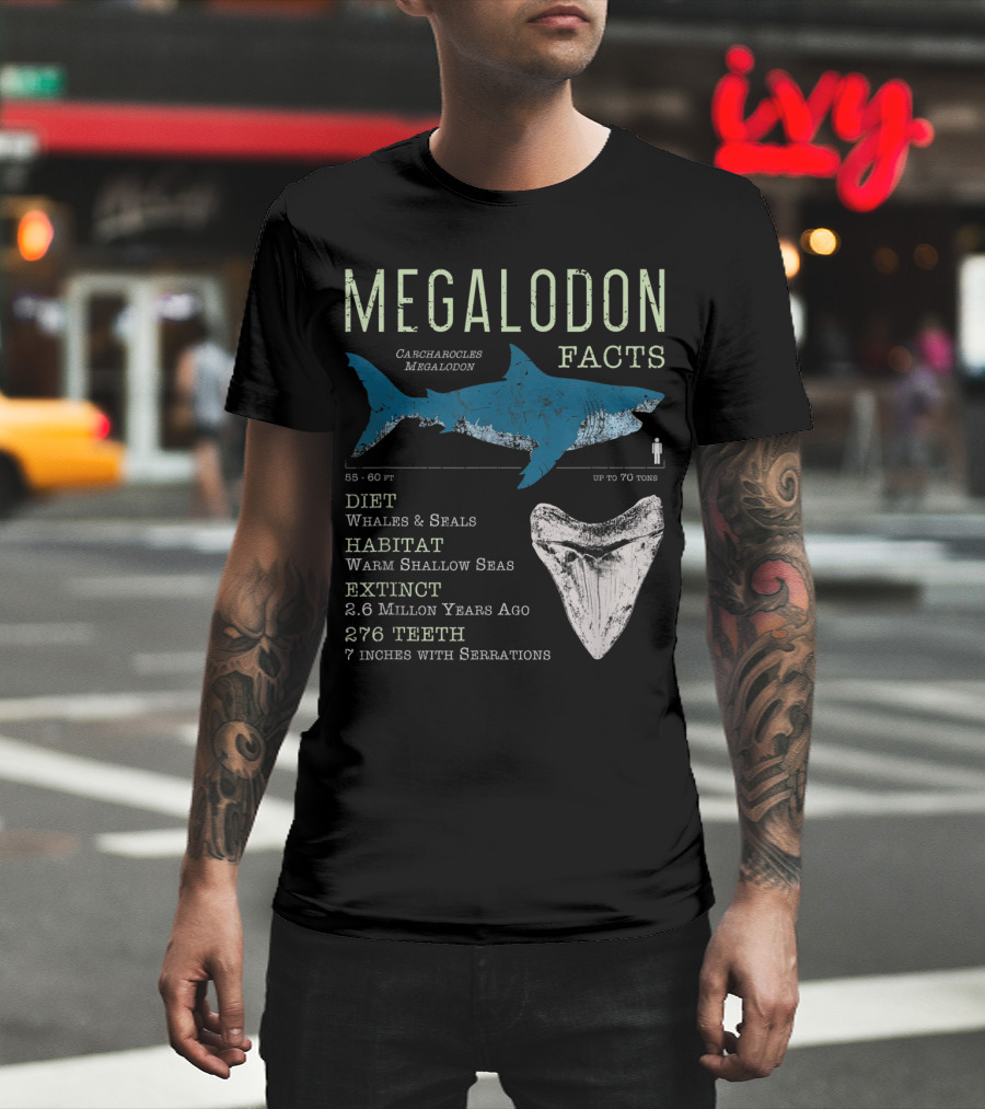Megalodon Facts Funny Shark Lover Carcharocles Megalodon Diet Habitat Extinct 276 Teeth T-Shirt