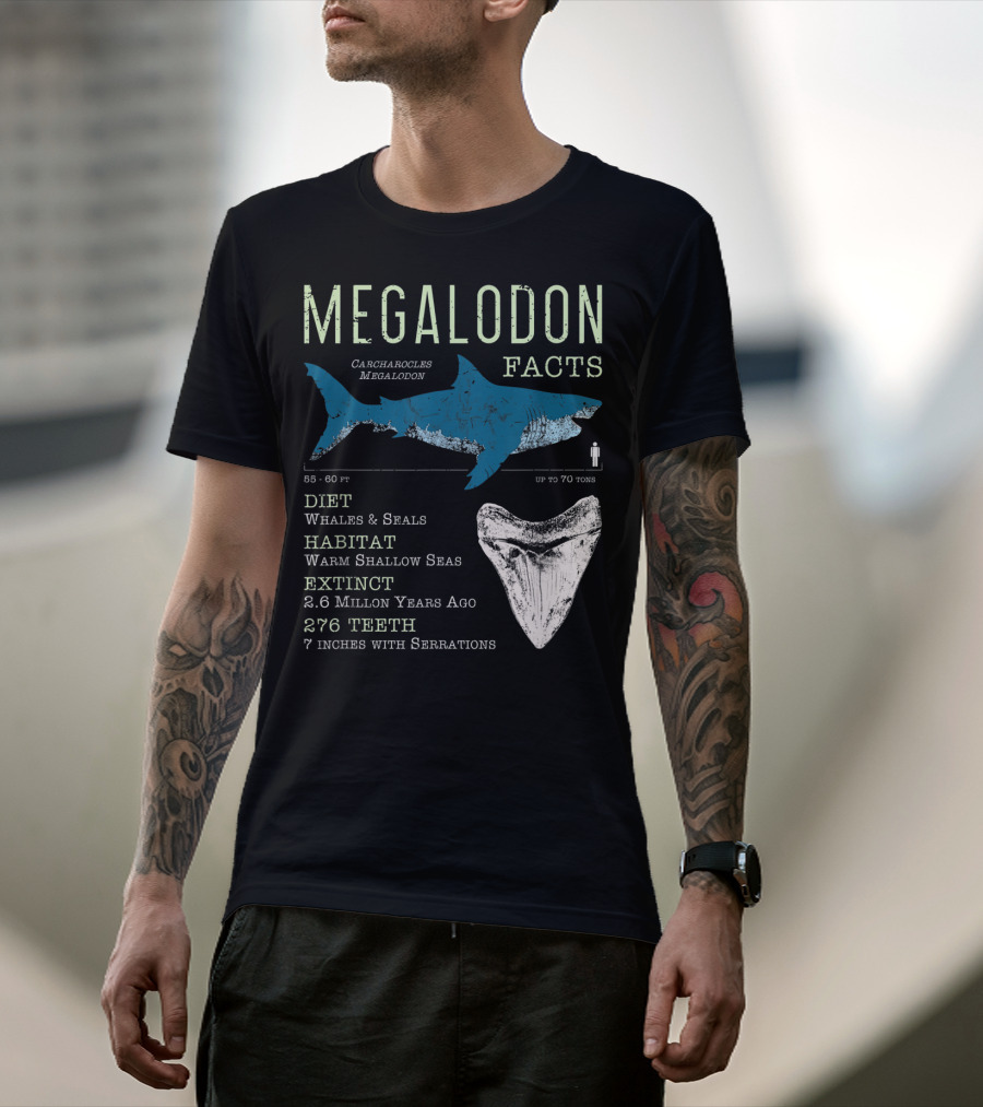 Megalodon Facts Funny Shark Lover Carcharocles Megalodon Diet Habitat Extinct 276 Teeth T-Shirt
