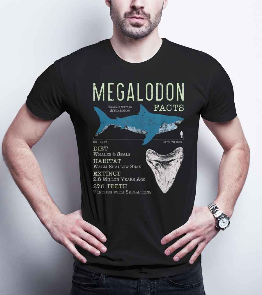 Megalodon Facts Funny Shark Lover Carcharocles Megalodon Diet Habitat Extinct 276 Teeth T-Shirt