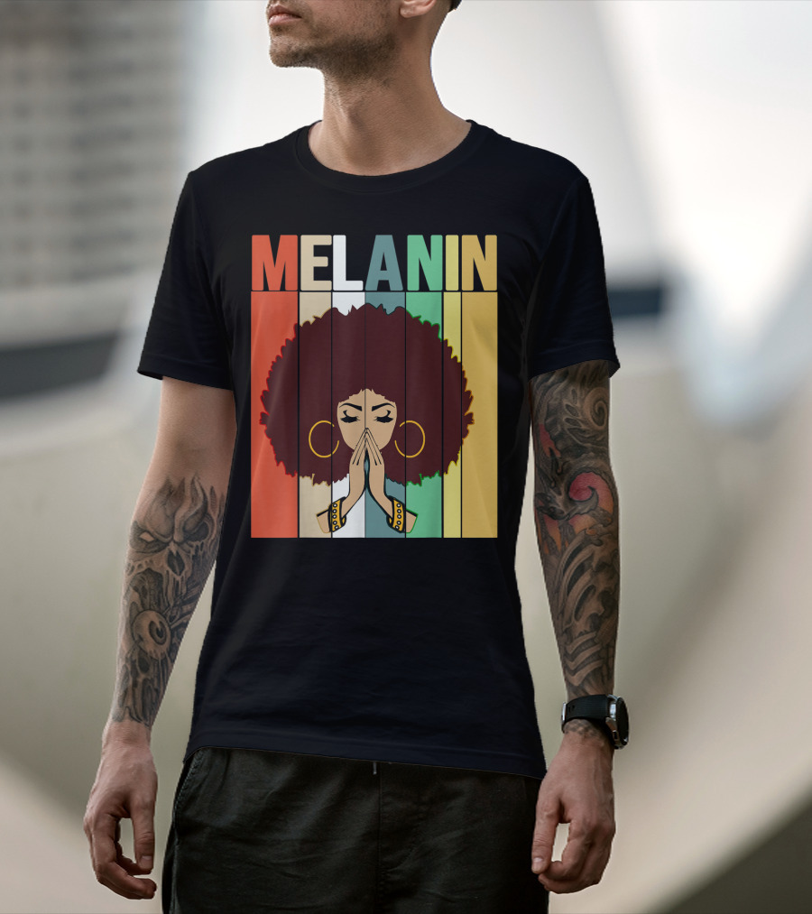 Melanin Vintage Black Afro Woman Prayer Hands Golden Hoop Earrings T-Shirt