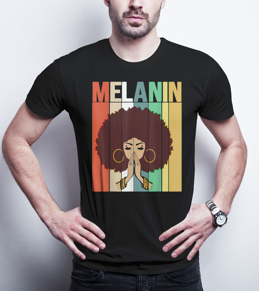 Melanin Vintage Black Afro Woman Prayer Hands Golden Hoop Earrings T-Shirt