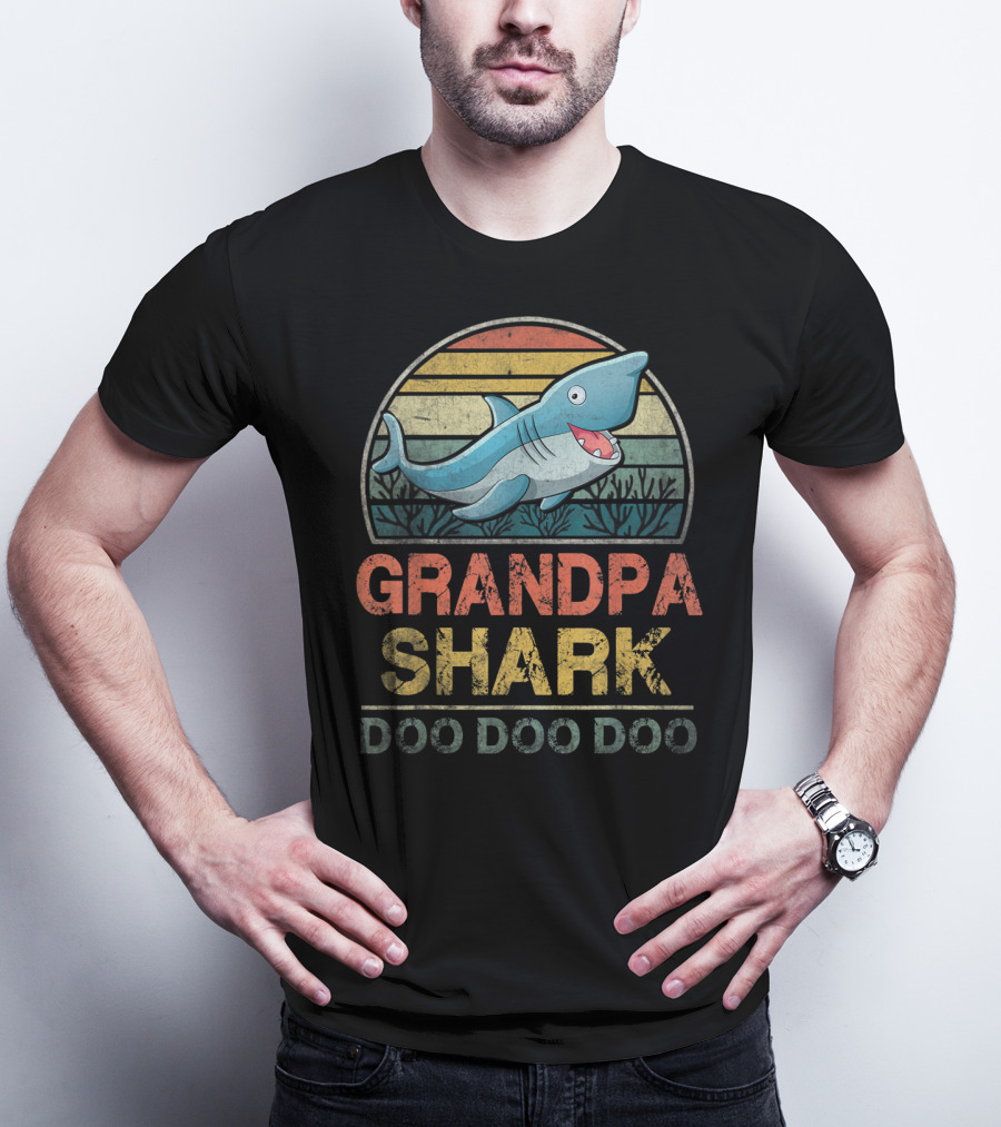 Grandpa Shark Doo Doo Doo Father's Day Retro Sunset Ocean T-Shirt