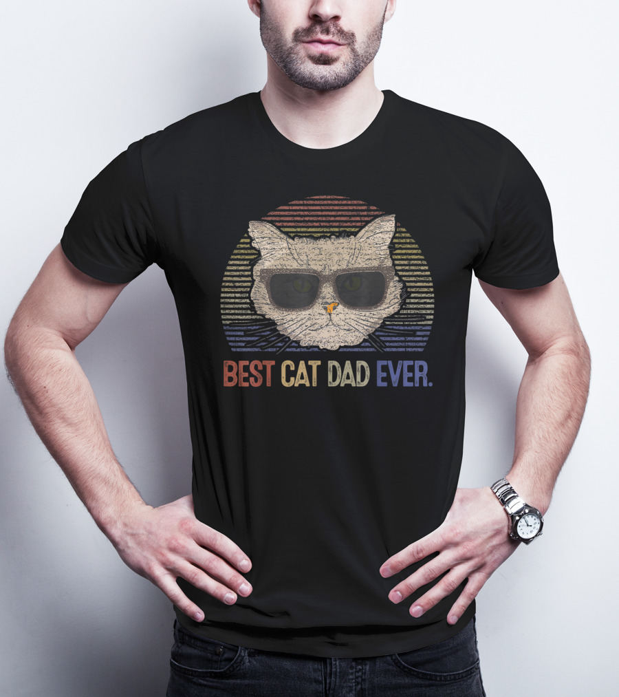 Mens Vintage Best Cat Dad Ever Kitty Cats Lover Sunglasses T-Shirt
