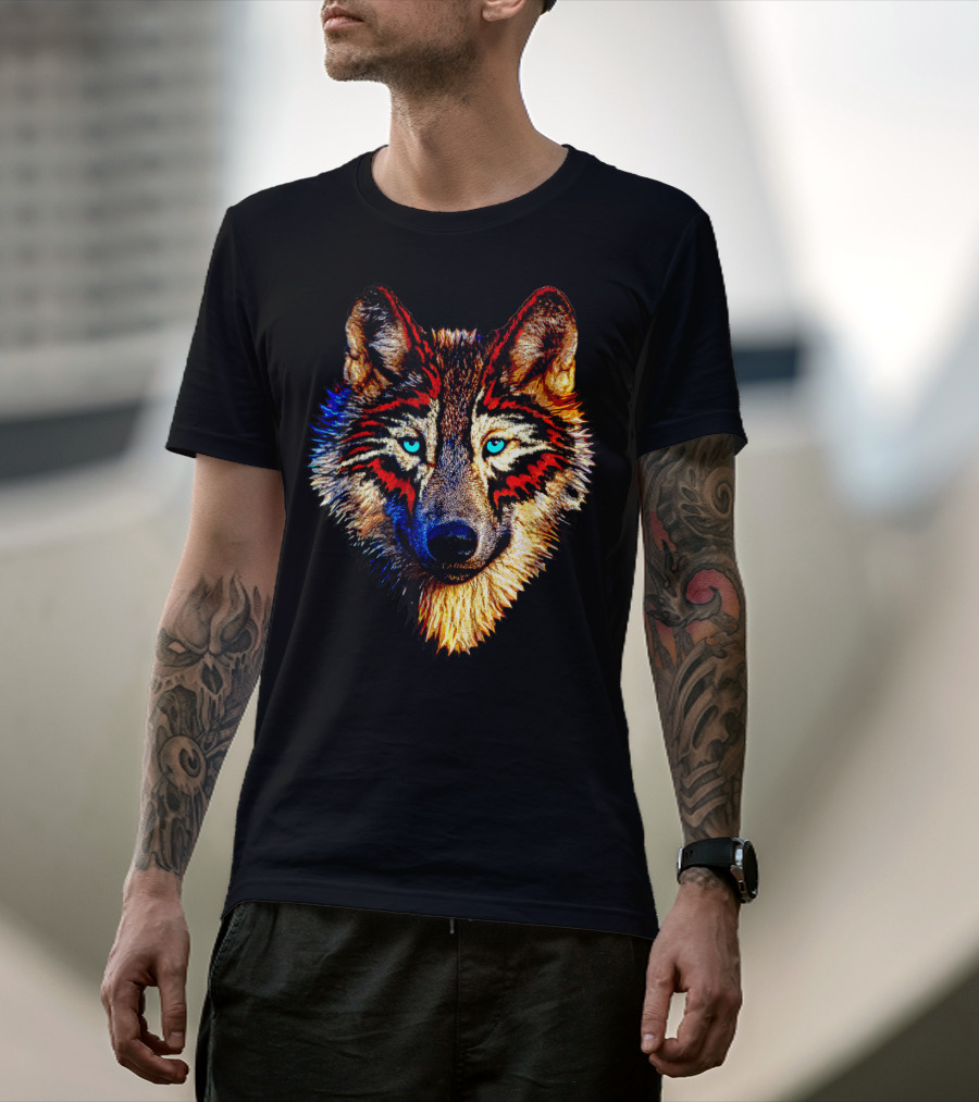 Mens Womens Kids Native American Timber Wolf Cool Bright Colorful Wolf Face T-Shirt