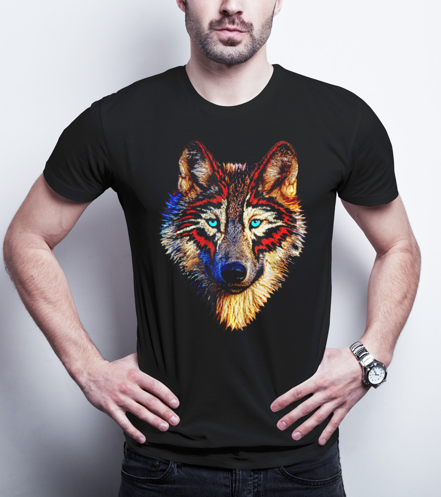 Mens Womens Kids Native American Timber Wolf Cool Bright Colorful Wolf Face T-Shirt