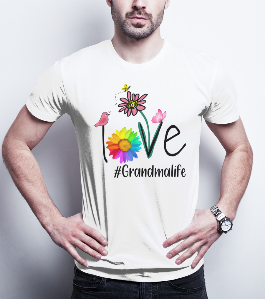 Love #Grandmalife Rainbow Heart Floral Bird Butterfly T-Shirt