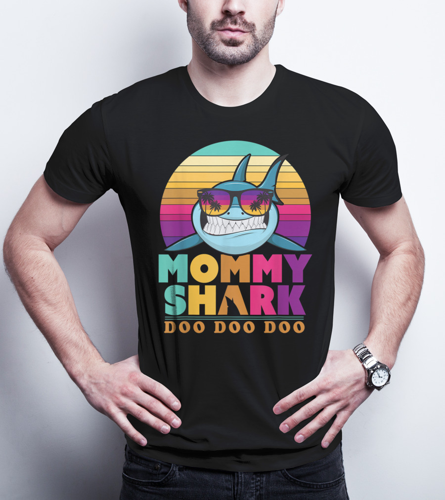 Mommy Shark Doo Doo Doo Retro Sunset With Sunglasses T-Shirt