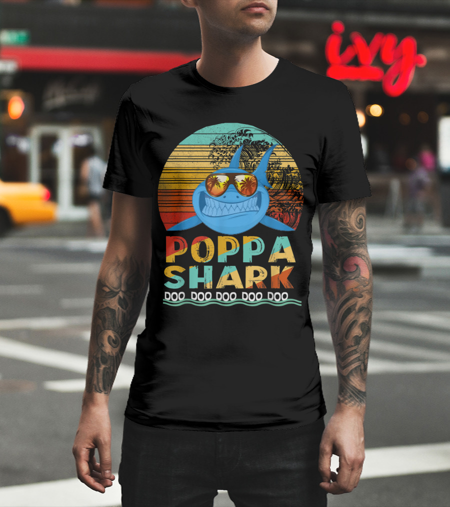 Poppa Shark Doo Doo Doo Doo Doo Retro Sunset Palm Trees Sunglasses T-Shirt
