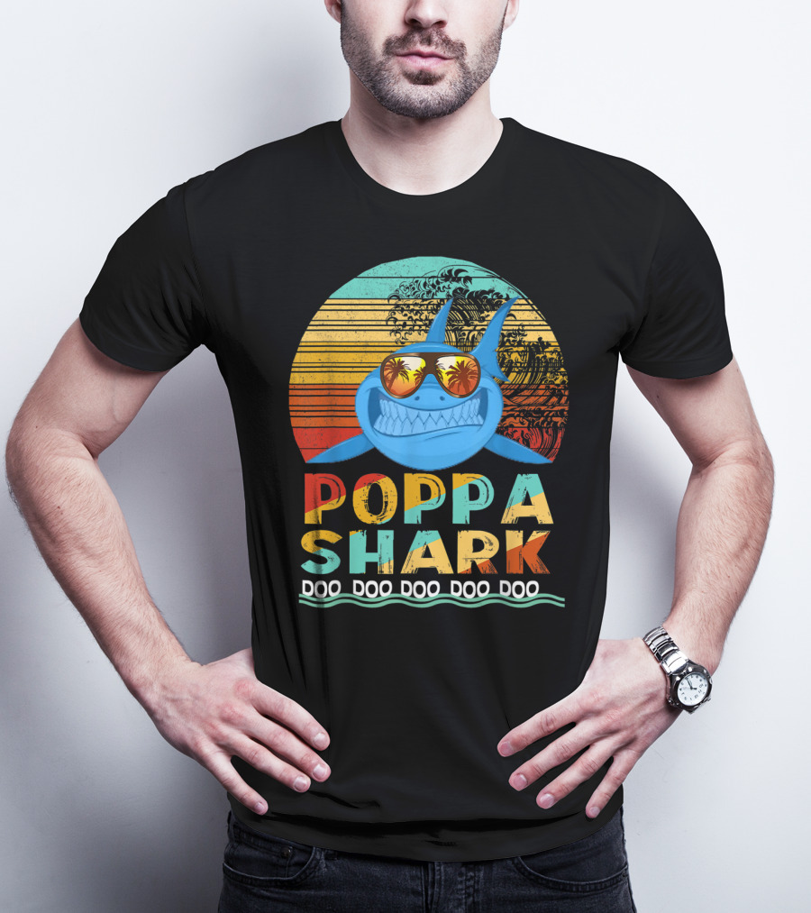 Poppa Shark Doo Doo Doo Doo Doo Retro Sunset Palm Trees Sunglasses T-Shirt