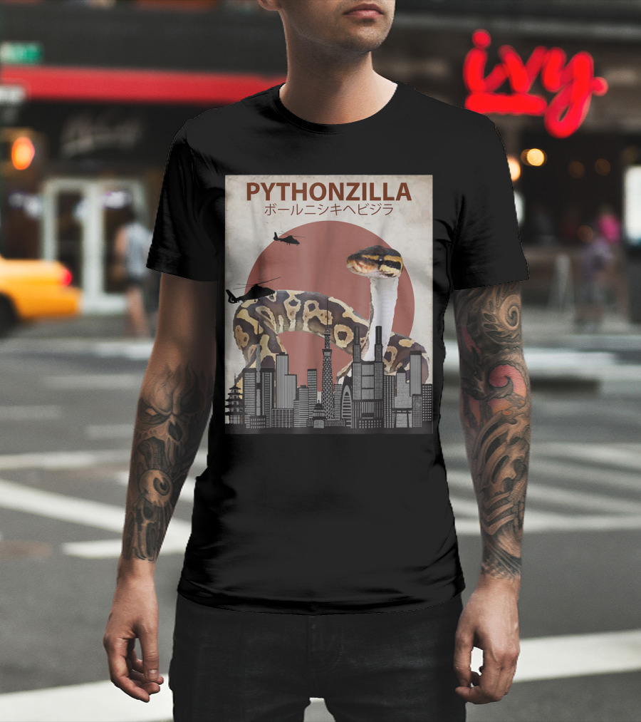 Pythonzilla Ball Python Funny Snake Skyline Helicopter Japanese Text T-Shirt