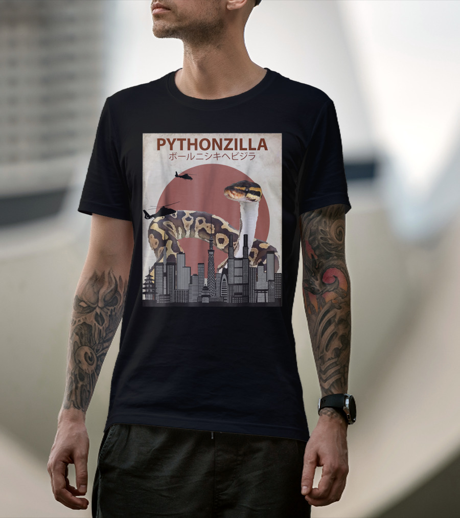 Pythonzilla Ball Python Funny Snake Skyline Helicopter Japanese Text T-Shirt