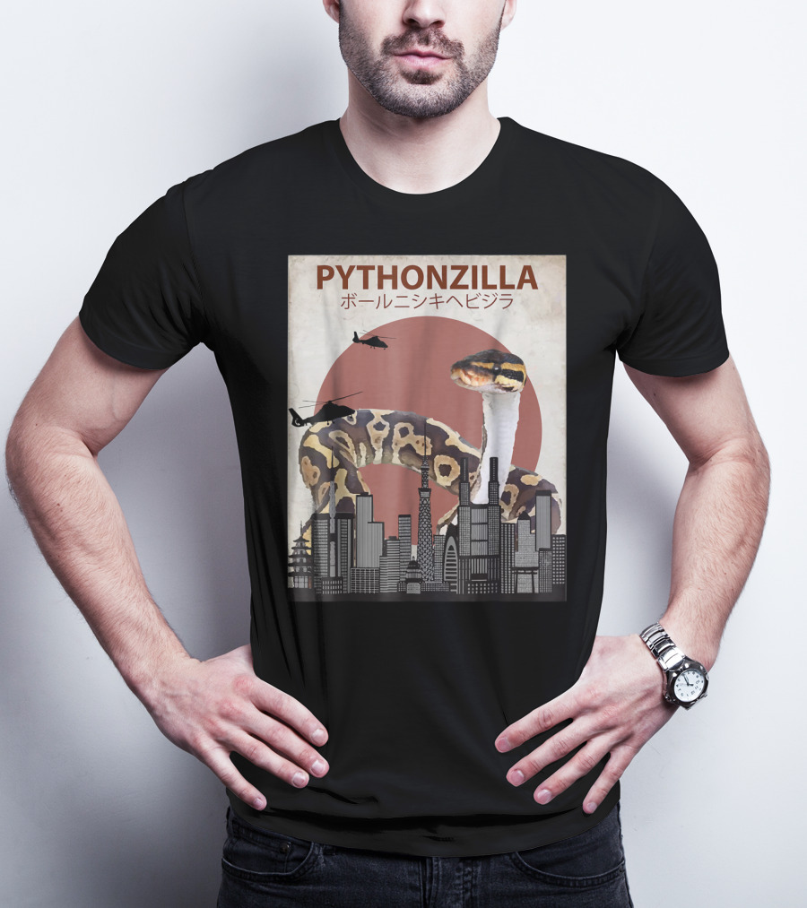 Pythonzilla Ball Python Funny Snake Skyline Helicopter Japanese Text T-Shirt