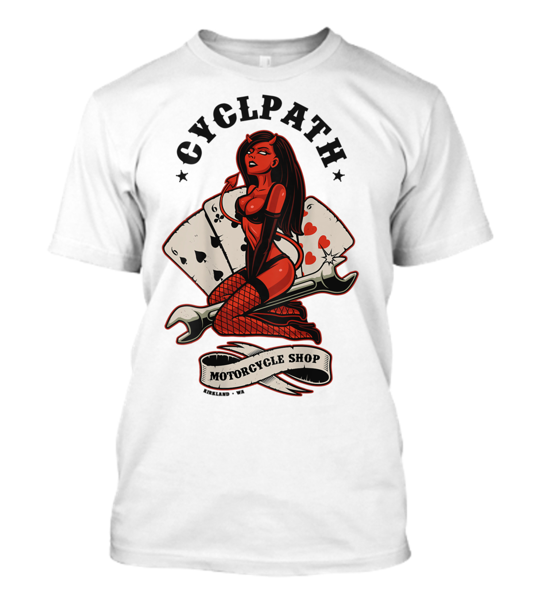 Cyclpath Red She Devil Motorcycle Shop Kirkland Poker Cards T-Shirt