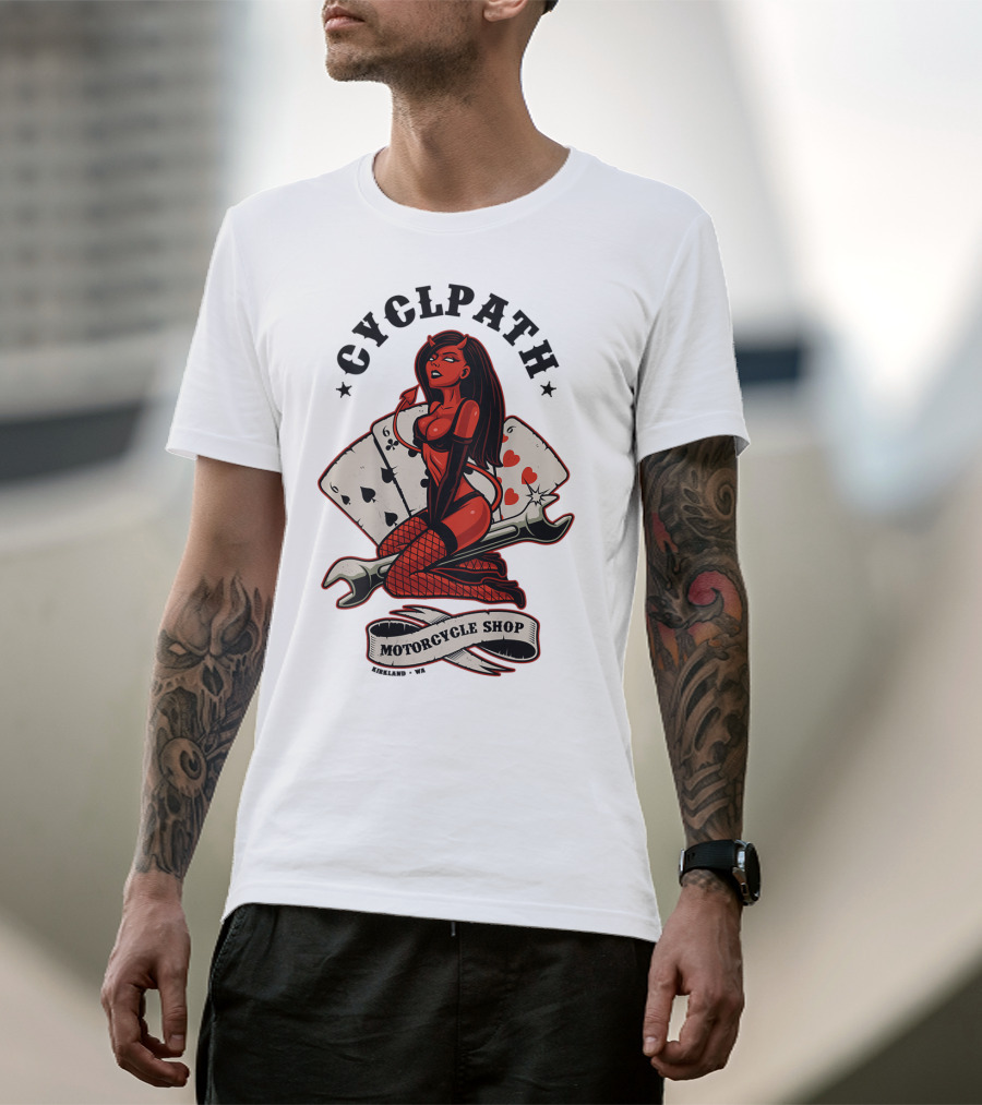 Cyclpath Red She Devil Motorcycle Shop Kirkland Poker Cards T-Shirt