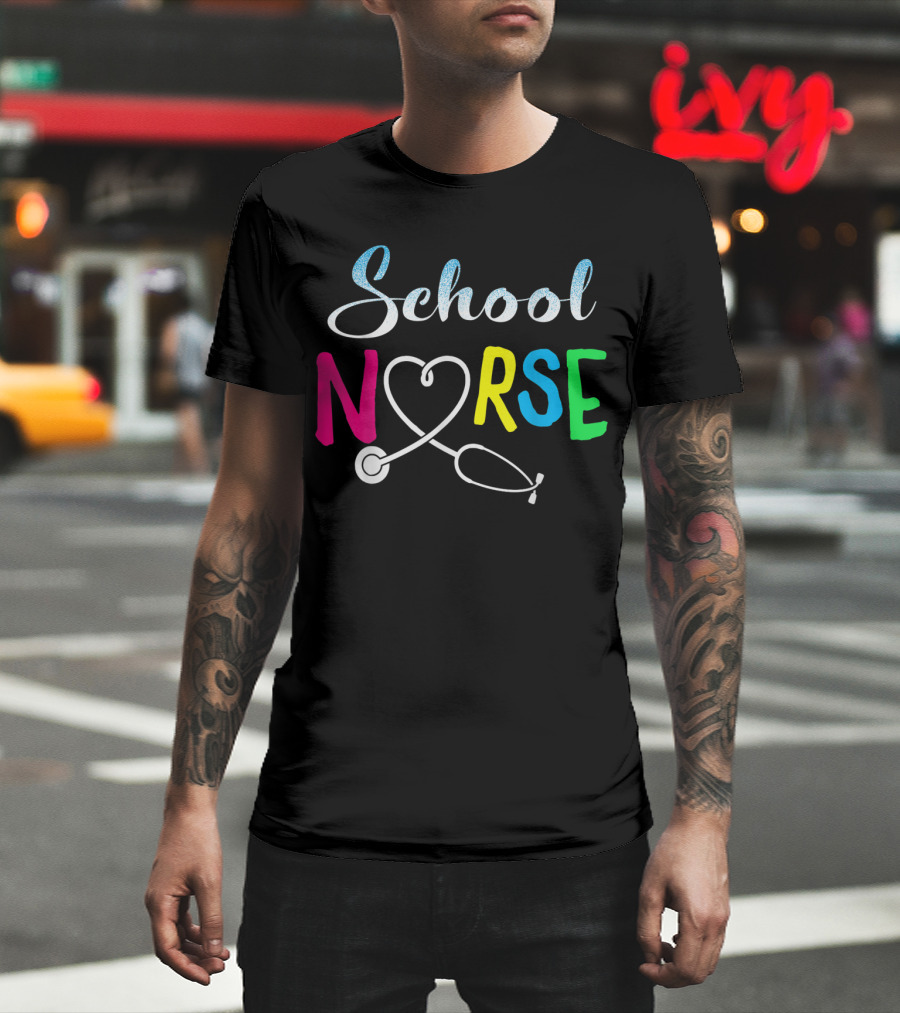 School Nurse Love Stethoscope Heart Nursing T-Shirt