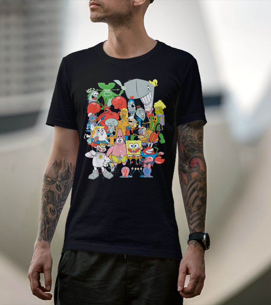 SpongeBob SquarePants Character Collage Featuring Patrick, Squidward, Sandy, Mr. Krabs, Plankton, And More T-Shirt