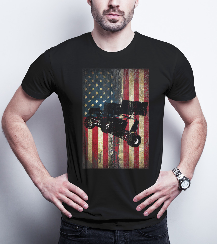 Distressed American Flag With Sprint Car Racing T-Shirt