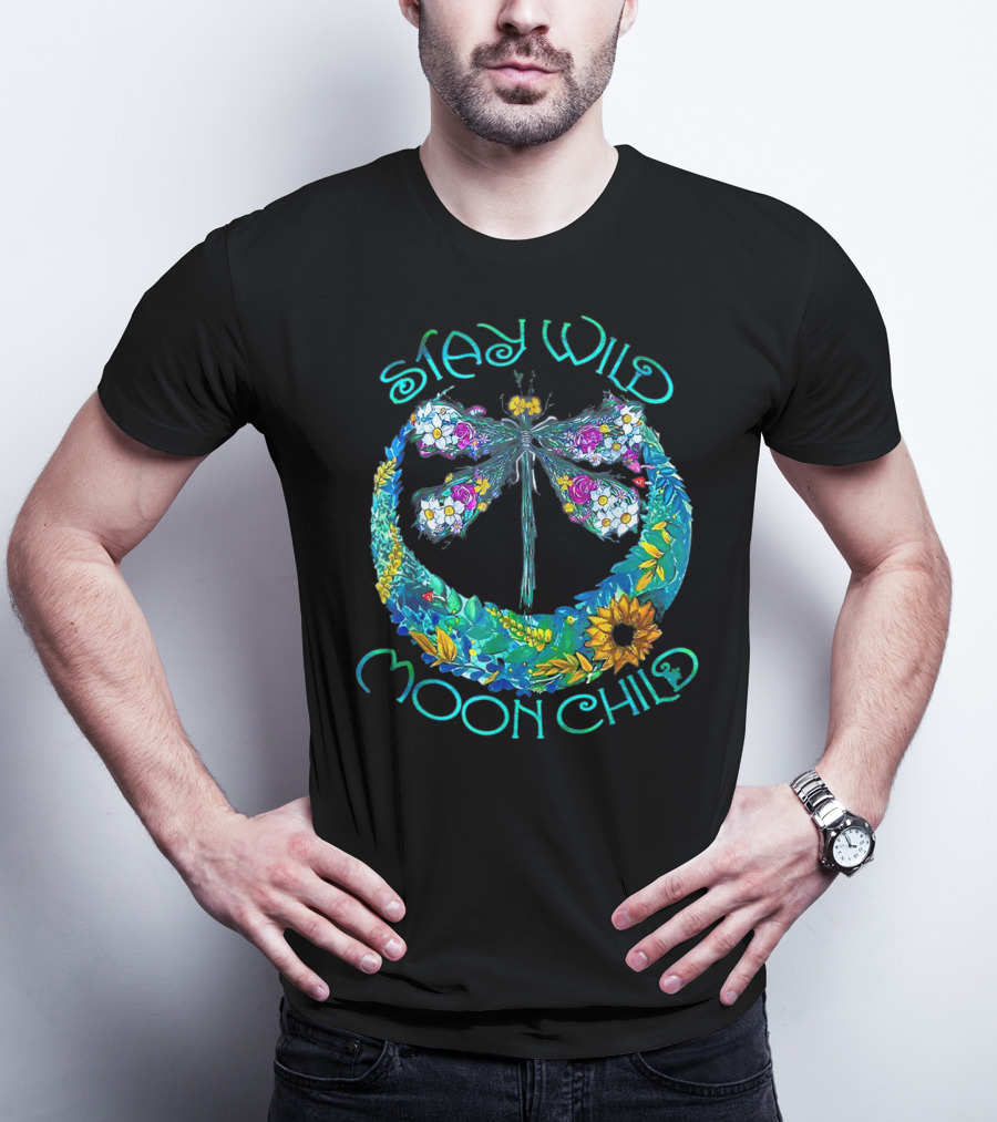 Stay Wild Moon Child Dragonfly In Floral Crescent Moon T-Shirt