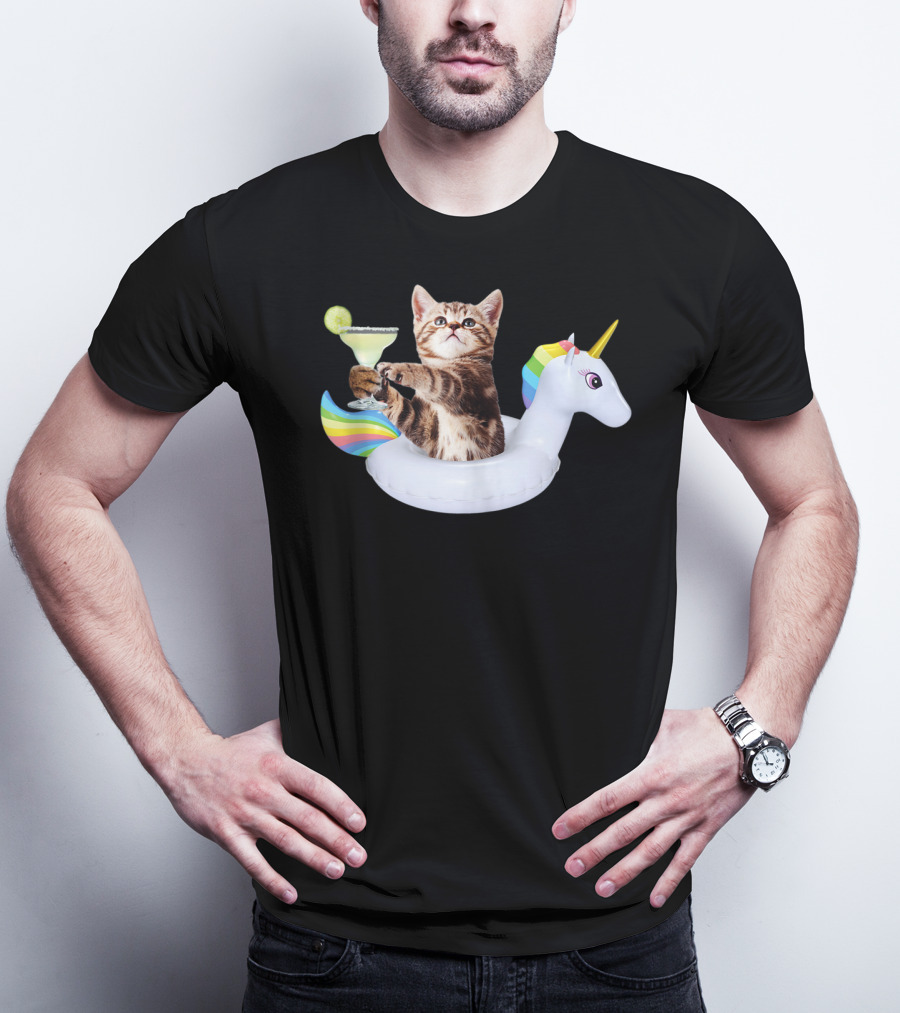 Kitty With Margarita On Rainbow Unicorn Float T-Shirt