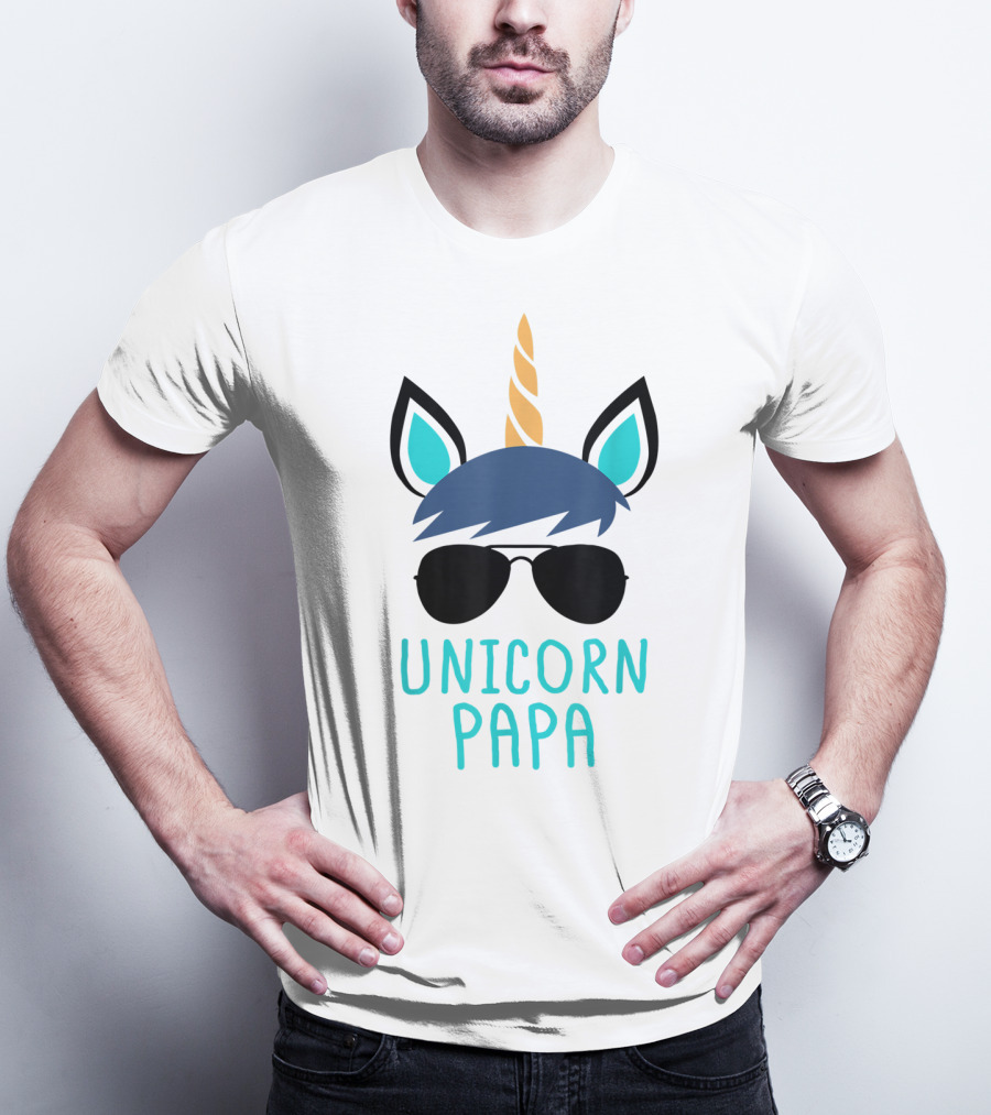 Unicorn Papa Sunglasses Blue Mane Horn Ears T-Shirt