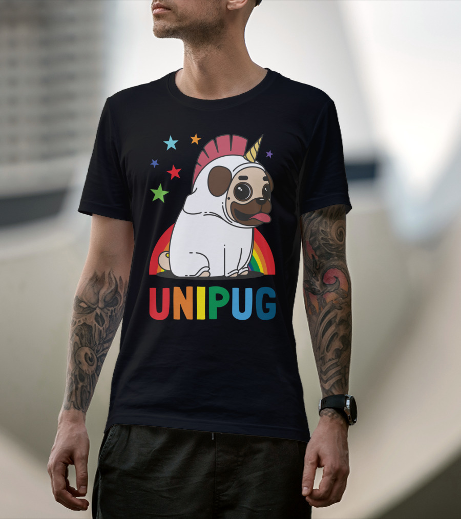 UNIPUG Rainbow Unicorn Pug Dog With Stars T-Shirt