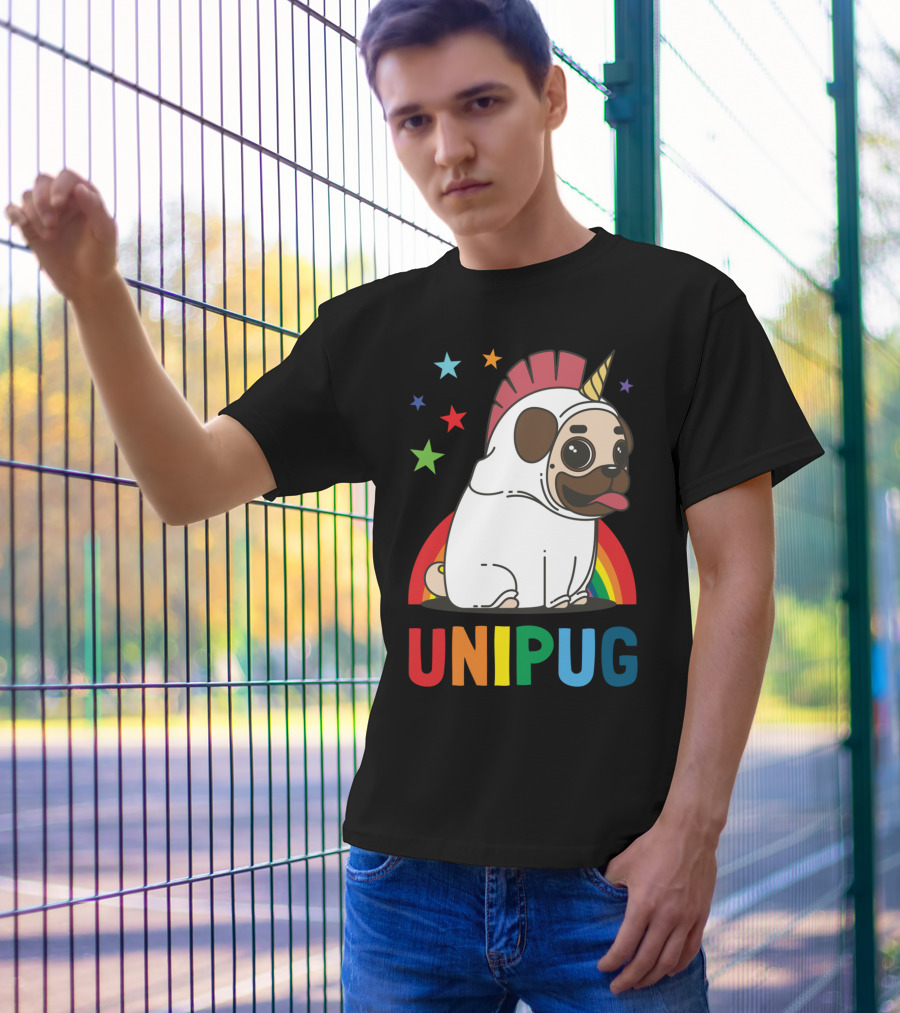 UNIPUG Rainbow Unicorn Pug Dog With Stars T-Shirt