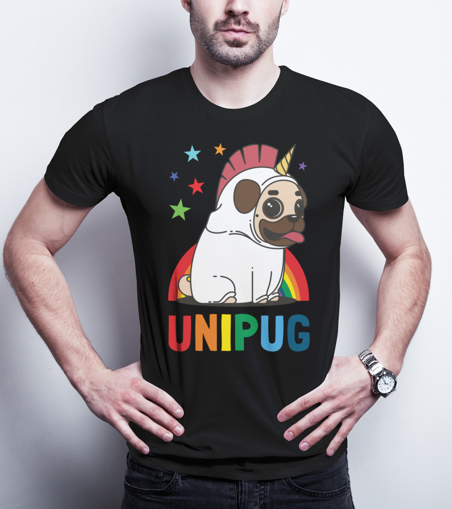 UNIPUG Rainbow Unicorn Pug Dog With Stars T-Shirt
