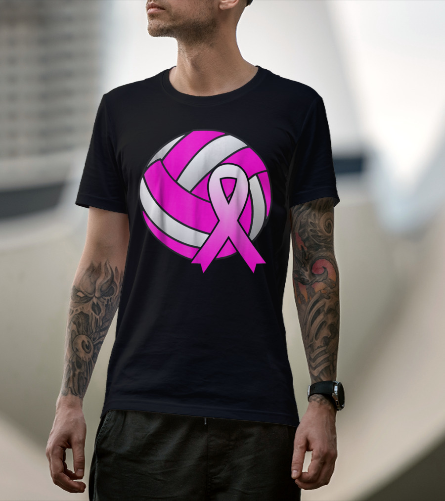 Volleyball Pink Ribbon Breast Cancer Awareness Symbol On Ball T-Shirt