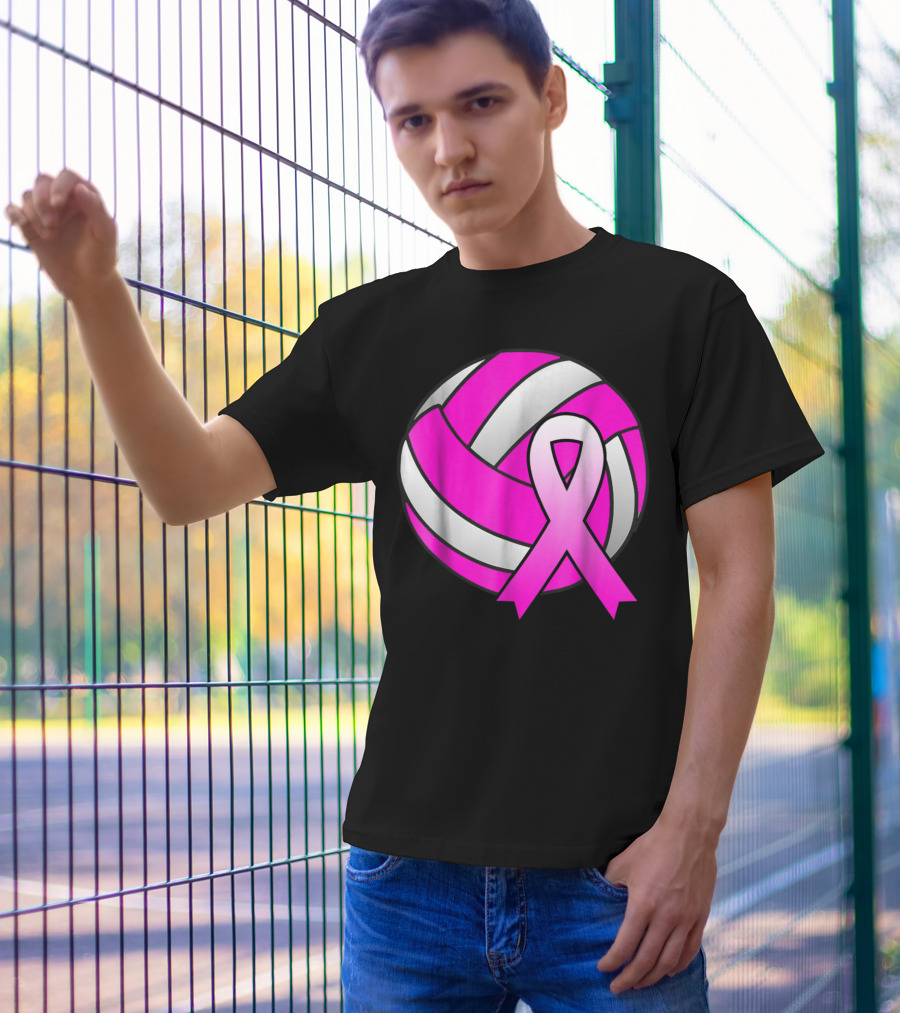 Volleyball Pink Ribbon Breast Cancer Awareness Symbol On Ball T-Shirt