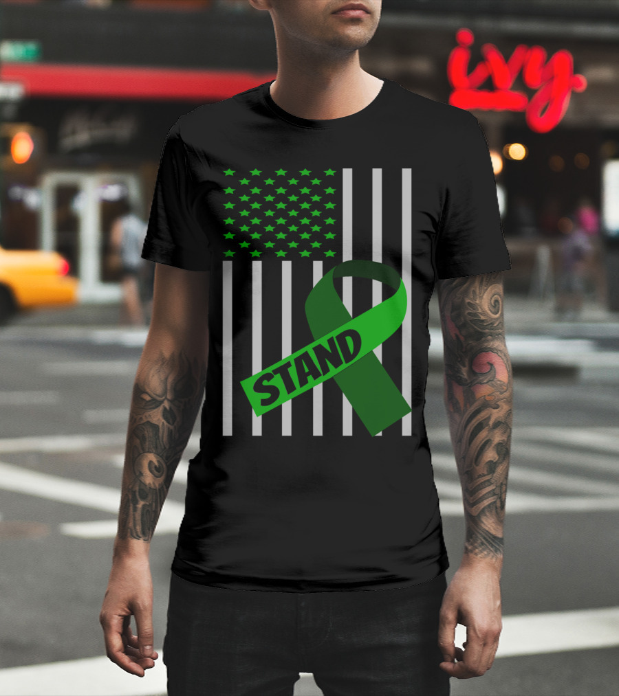 USA Flag Green Ribbon Stand Kidney Disease Awareness T-Shirt