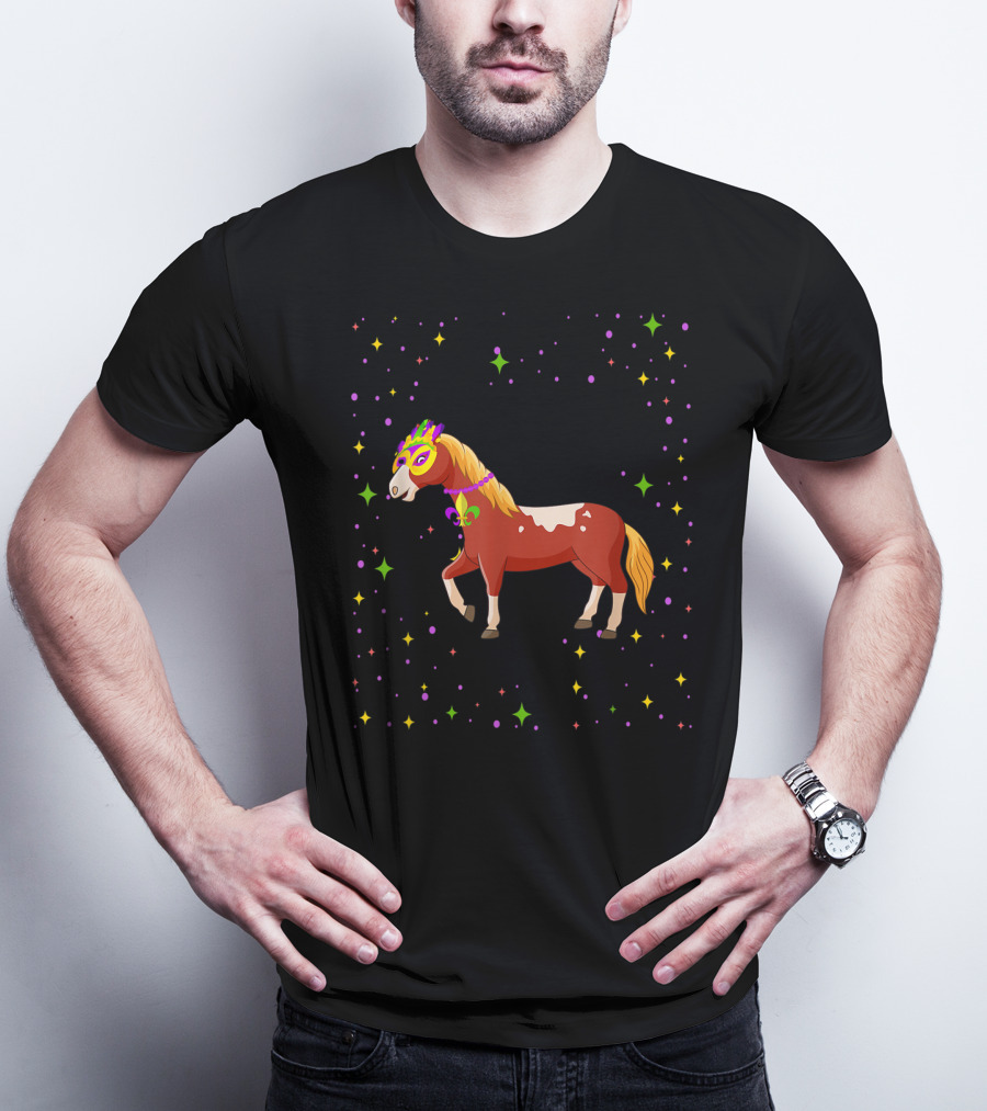 Mardi Gras Horse Wearing Mask And Beads With Colorful Stars T-Shirt