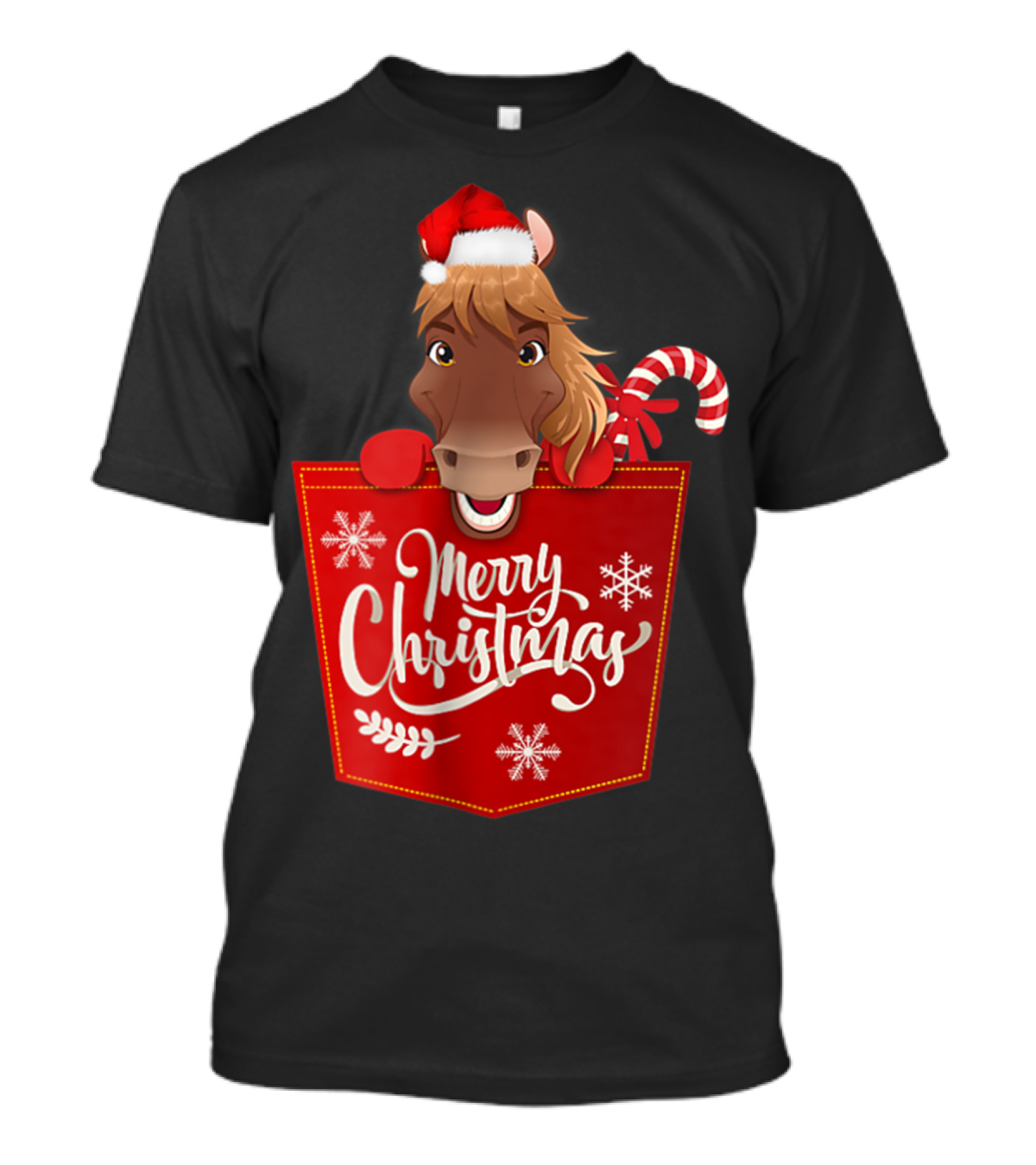 Merry Christmas Santa Hat Horse Candy Cane Funny Pocket T-Shirt