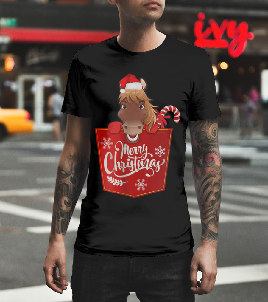 Merry Christmas Santa Hat Horse Candy Cane Funny Pocket T-Shirt