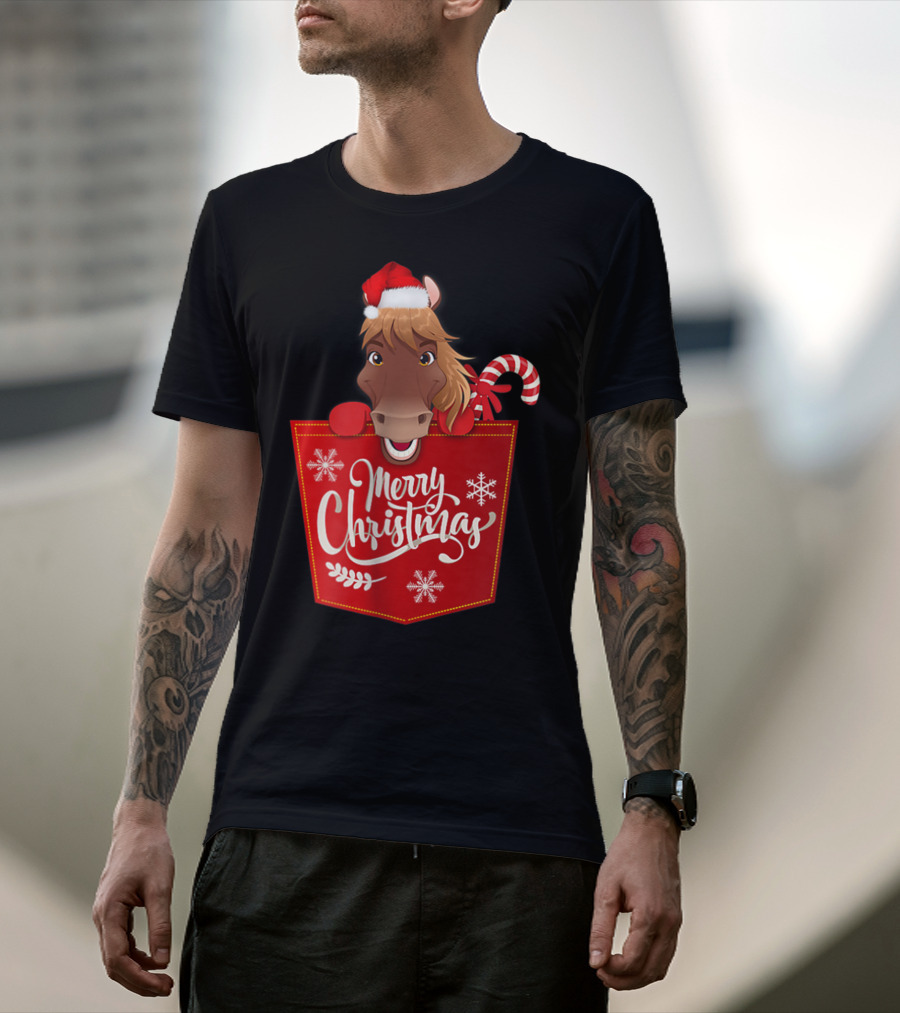 Merry Christmas Santa Hat Horse Candy Cane Funny Pocket T-Shirt