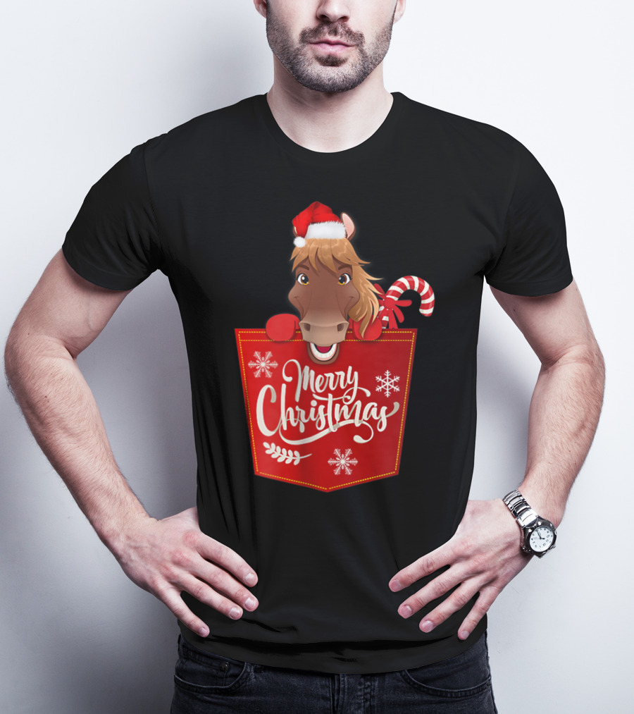 Merry Christmas Santa Hat Horse Candy Cane Funny Pocket T-Shirt