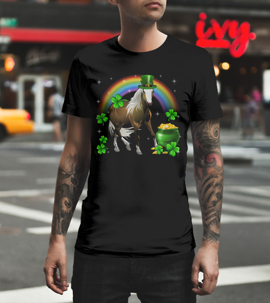 Lucky St Patricks Day Horse With Shamrocks And Rainbow T-Shirt