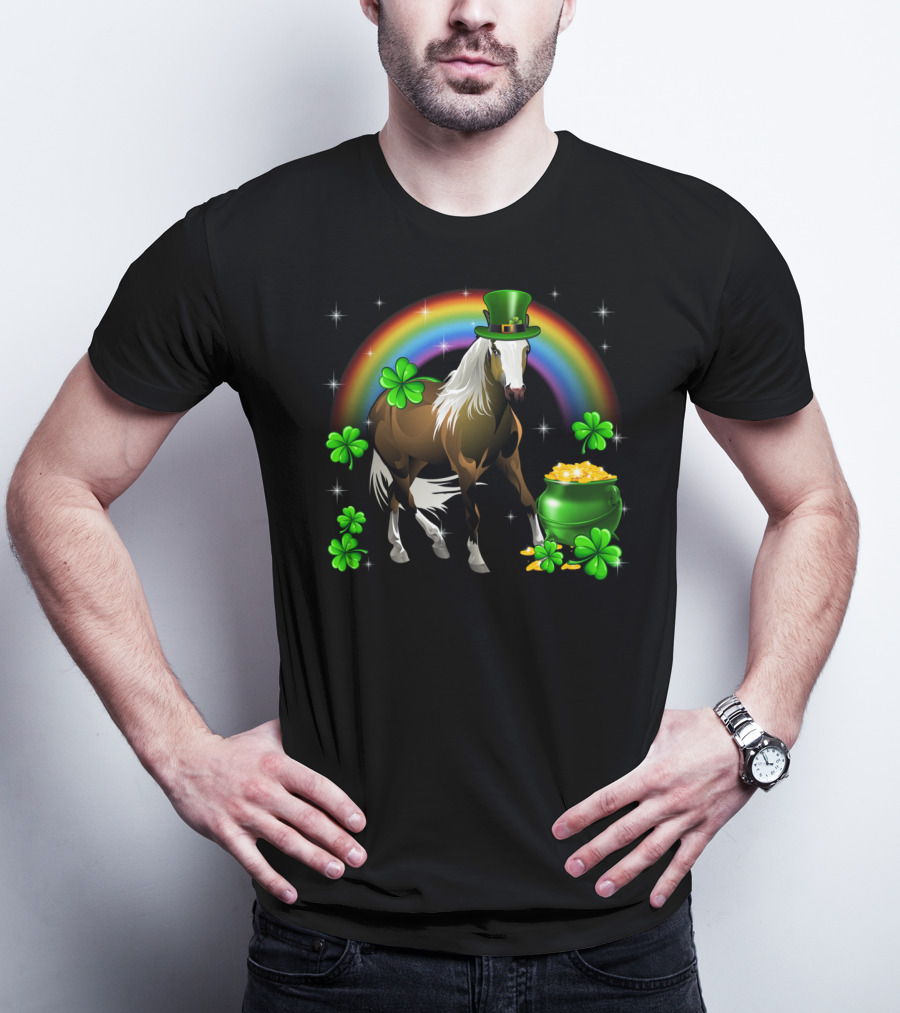 Lucky St Patricks Day Horse With Shamrocks And Rainbow T-Shirt