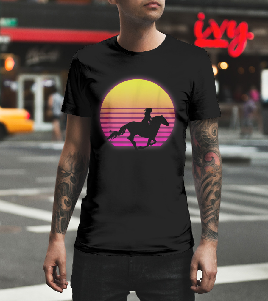 Vintage Sunset Girl Horse Riding Silhouette Retro Cool Horse T-Shirt
