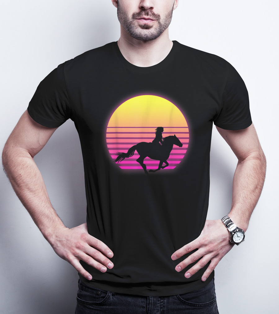 Vintage Sunset Girl Horse Riding Silhouette Retro Cool Horse T-Shirt