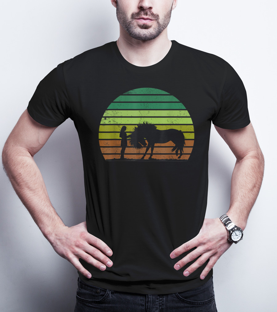 Girl And Horse Silhouette Sunset Stripes T-Shirt
