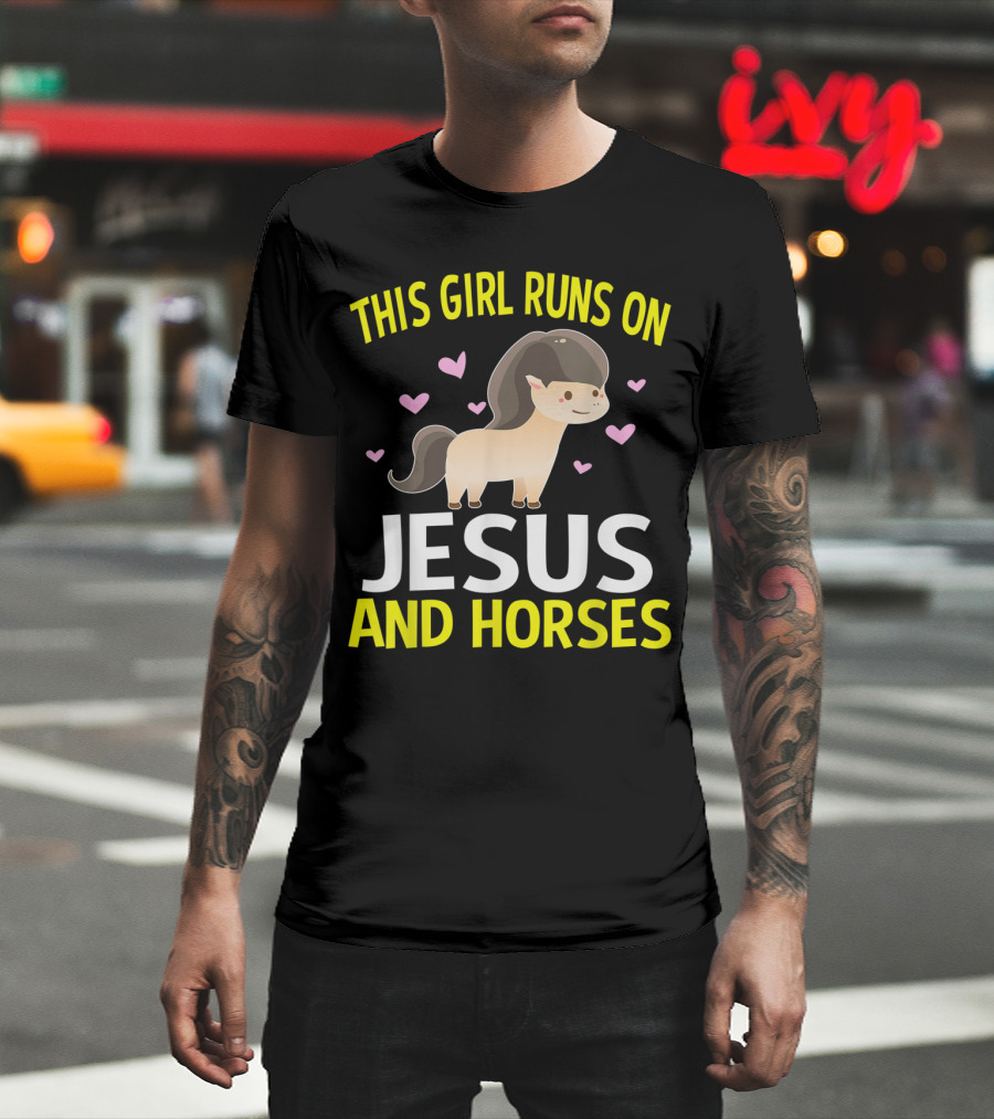 This Girl Runs On Jesus And Horses Hearts Cute Horse T-Shirt