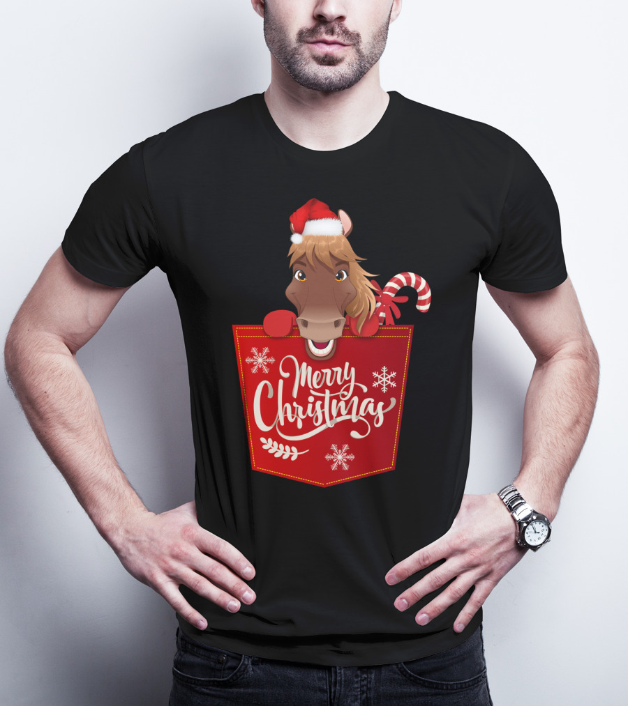 Funny Horse In Santa Hat With Candy Cane Merry Christmas Crewneck T-Shirt