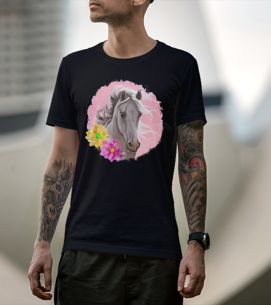 Gorgeous Horse With Vibrant Flowers On Pink Background T-Shirt