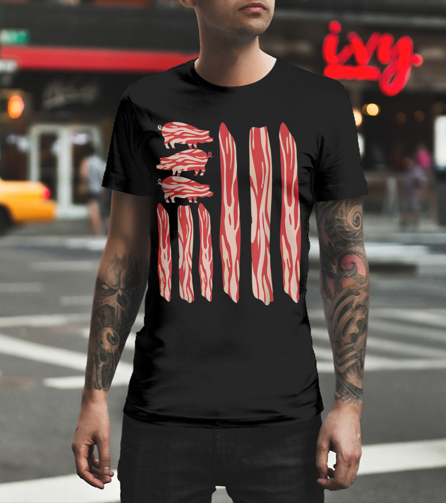 Funny Vintage Bacon Flag With Pig T-Shirt