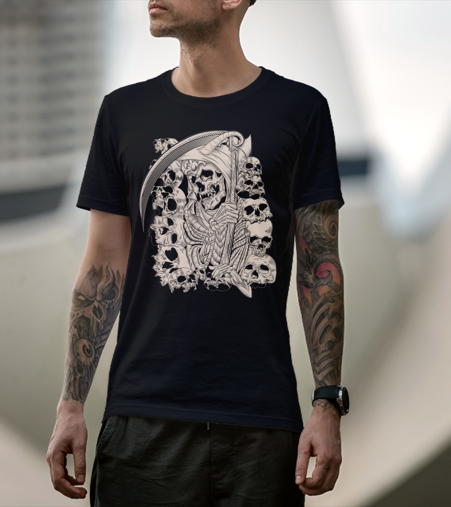 Grim Reaper Skull Scythe Classic Ink Drawing T-Shirt