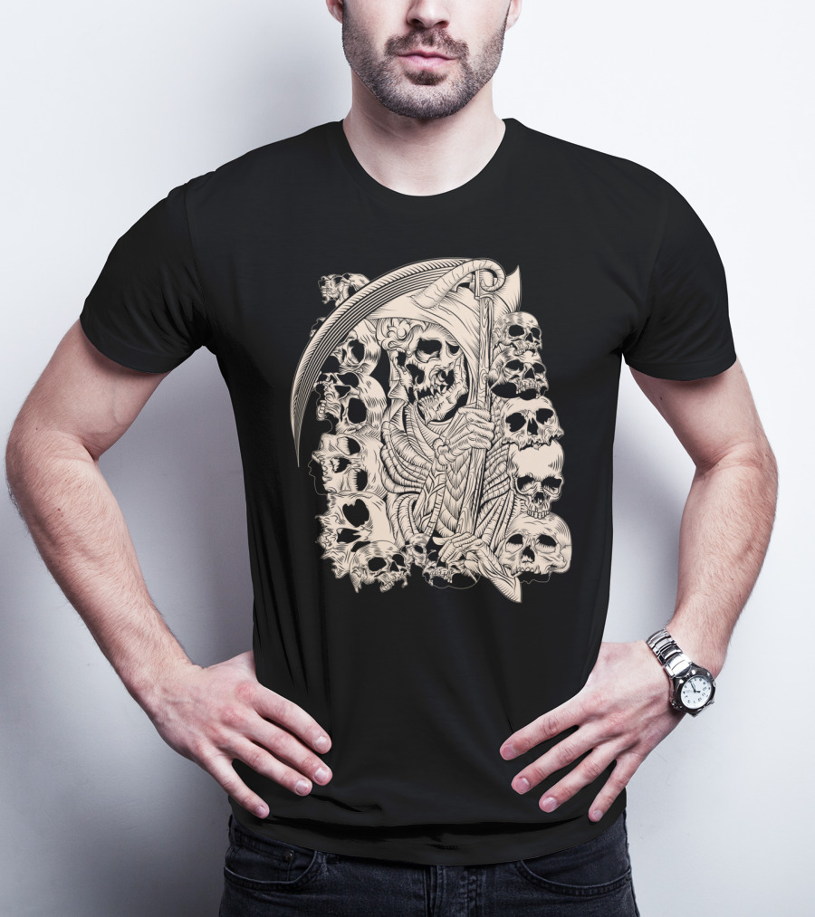 Grim Reaper Skull Scythe Classic Ink Drawing T-Shirt