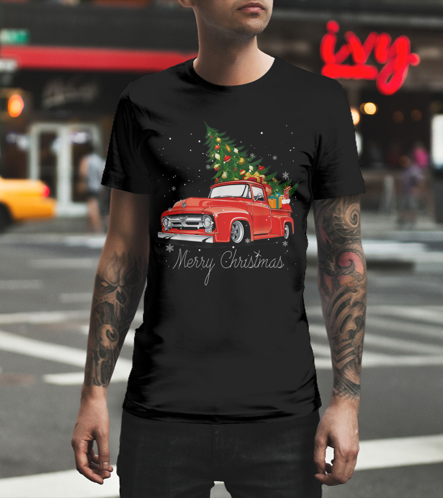 Merry Christmas Red Truck With Christmas Tree And Gifts In Snow T-Shirt