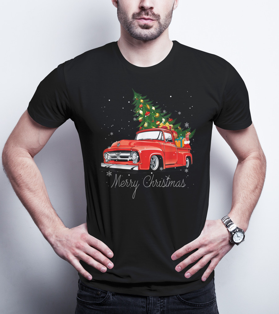 Merry Christmas Red Truck With Christmas Tree And Gifts In Snow T-Shirt